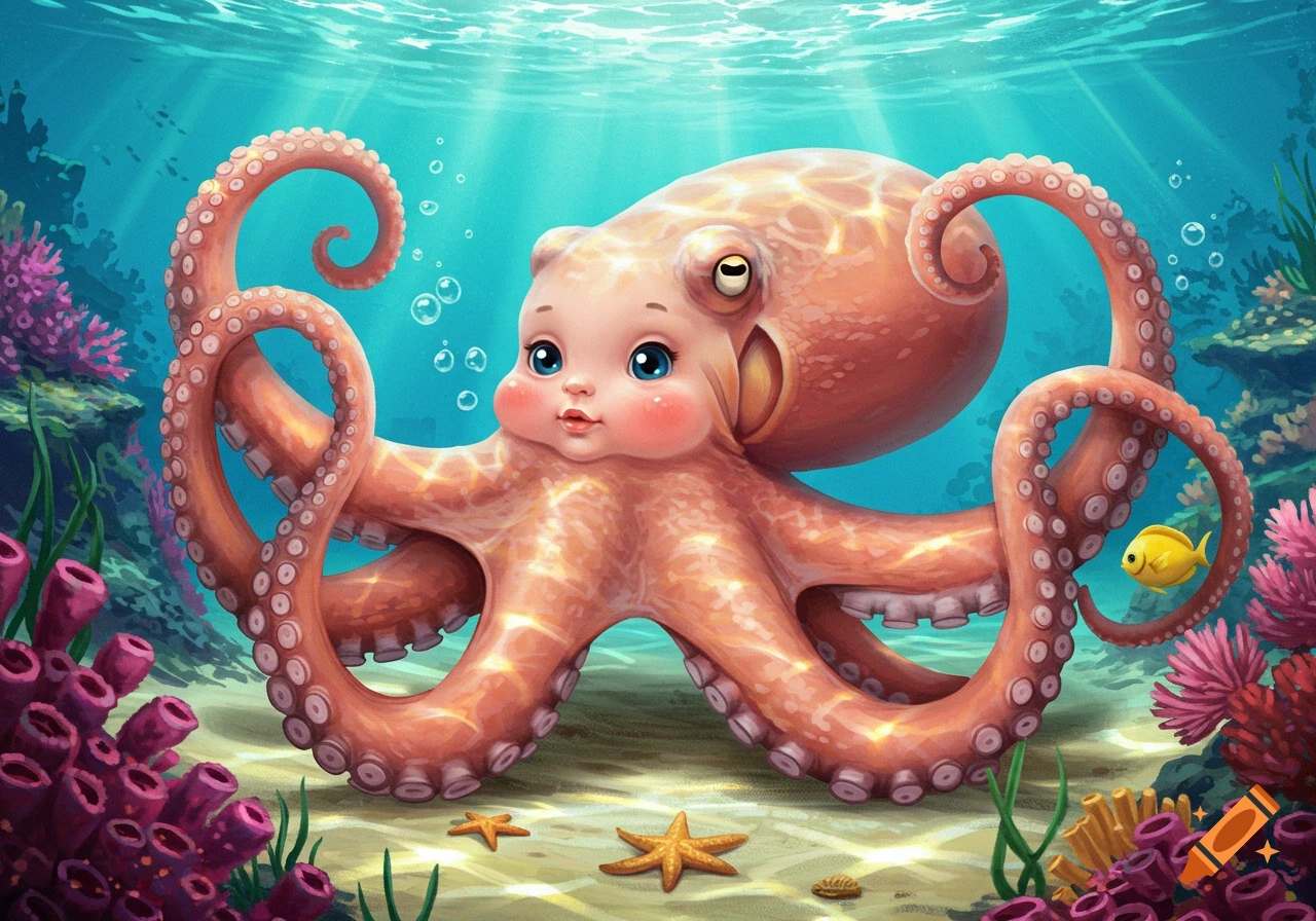Vibrant illustration of a cute baby-faced octopus underwater with coral ...