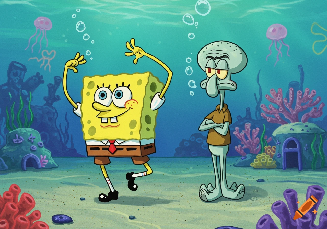 Spongebob Squarepants dances happily next to an unamused Squidward in an underwater scene with ...