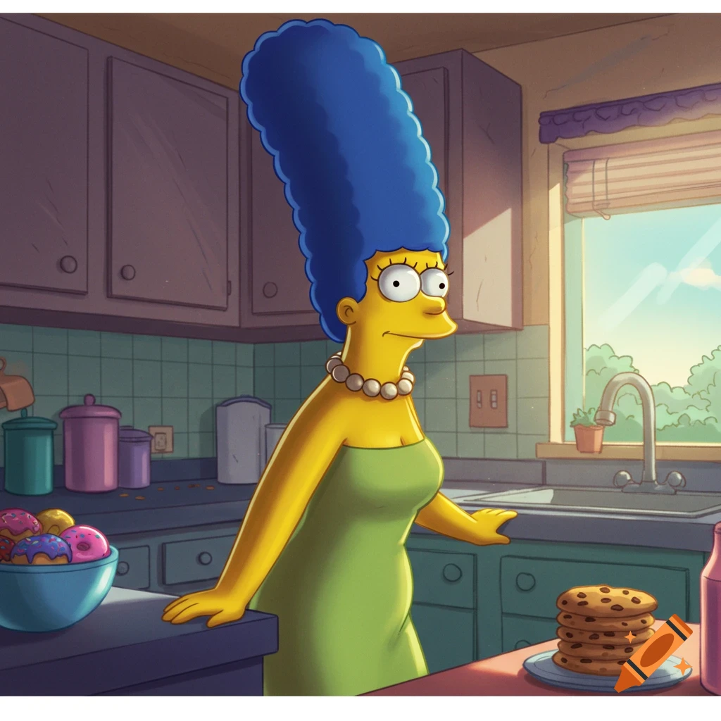 Marge Simpson stands in a cartoon kitchen, looking at a bowl of ...