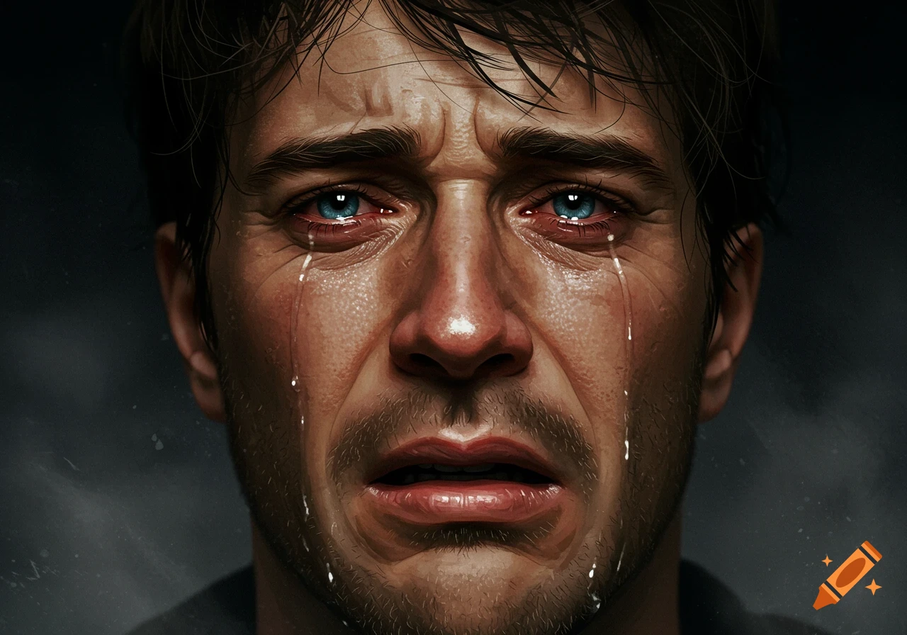 Close-up digital painting of a man crying with red eyes and tears streaming down his face ...