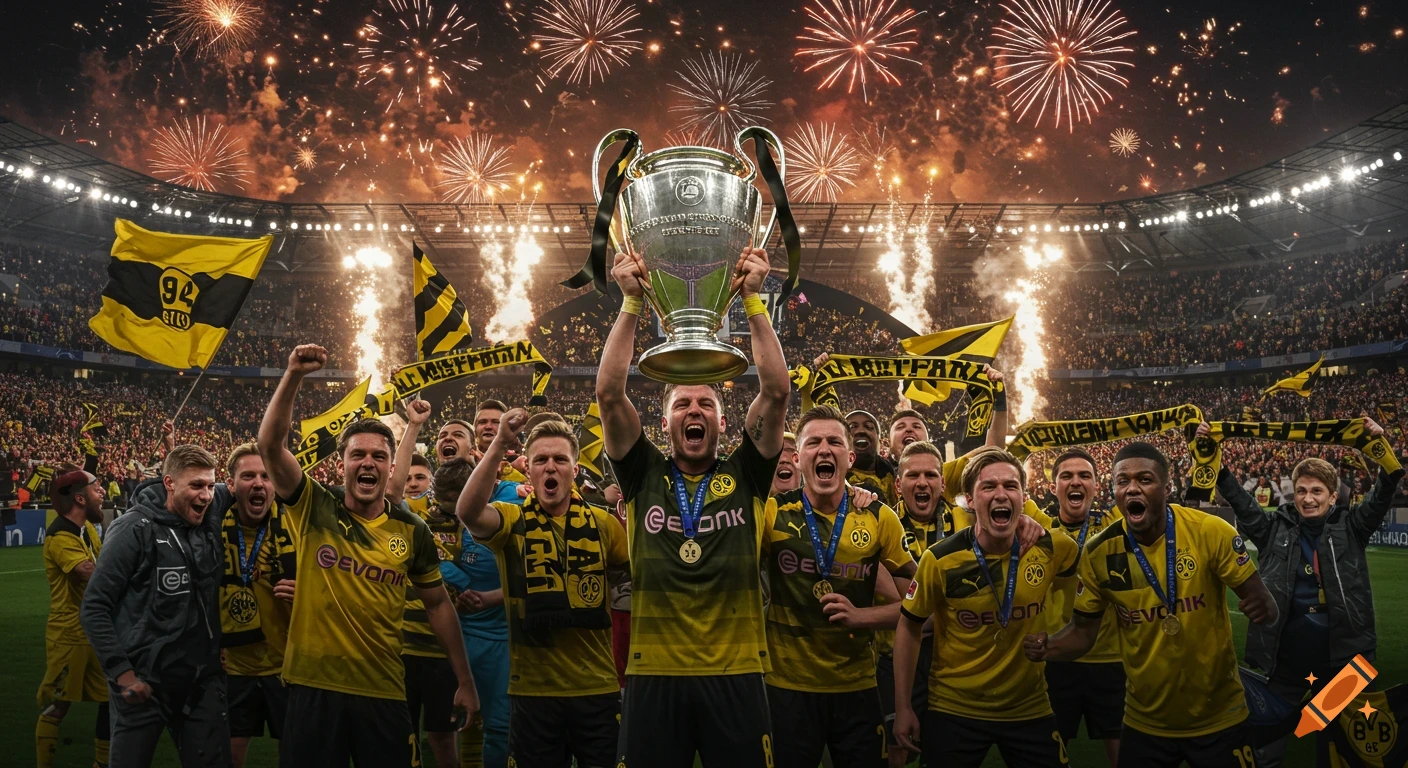 Soccer players in yellow and black jerseys celebrate with a trophy in a ...