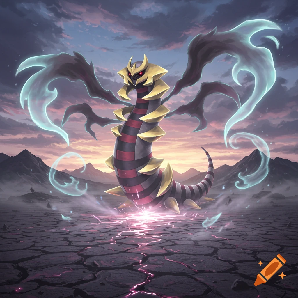 Giratina, a large serpent-like Pokémon with red and black stripes and ...