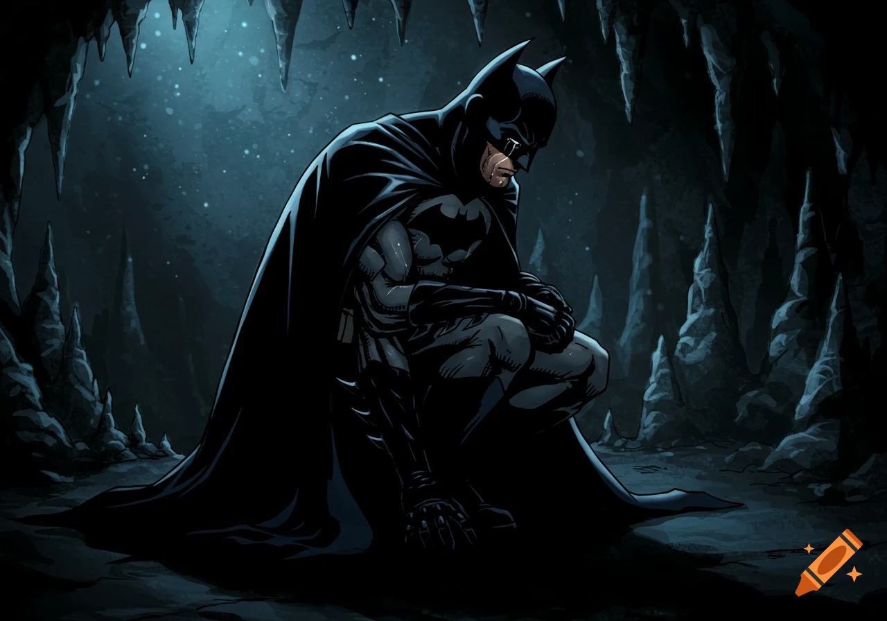 Sad Batman, in anime style, crouches alone in a dimly lit, stalactite ...