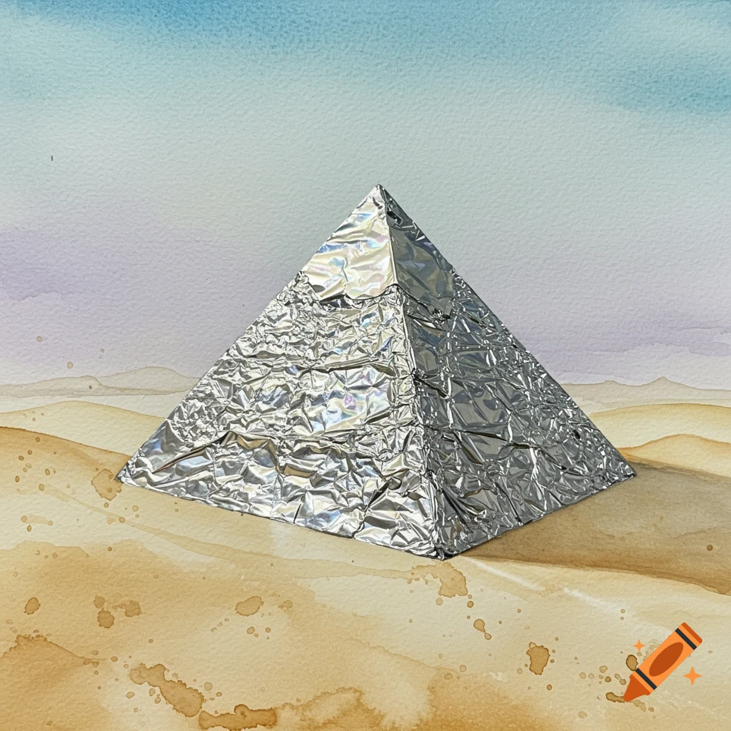 Abstract watercolor painting of a shiny, crinkled aluminum foil pyramid ...