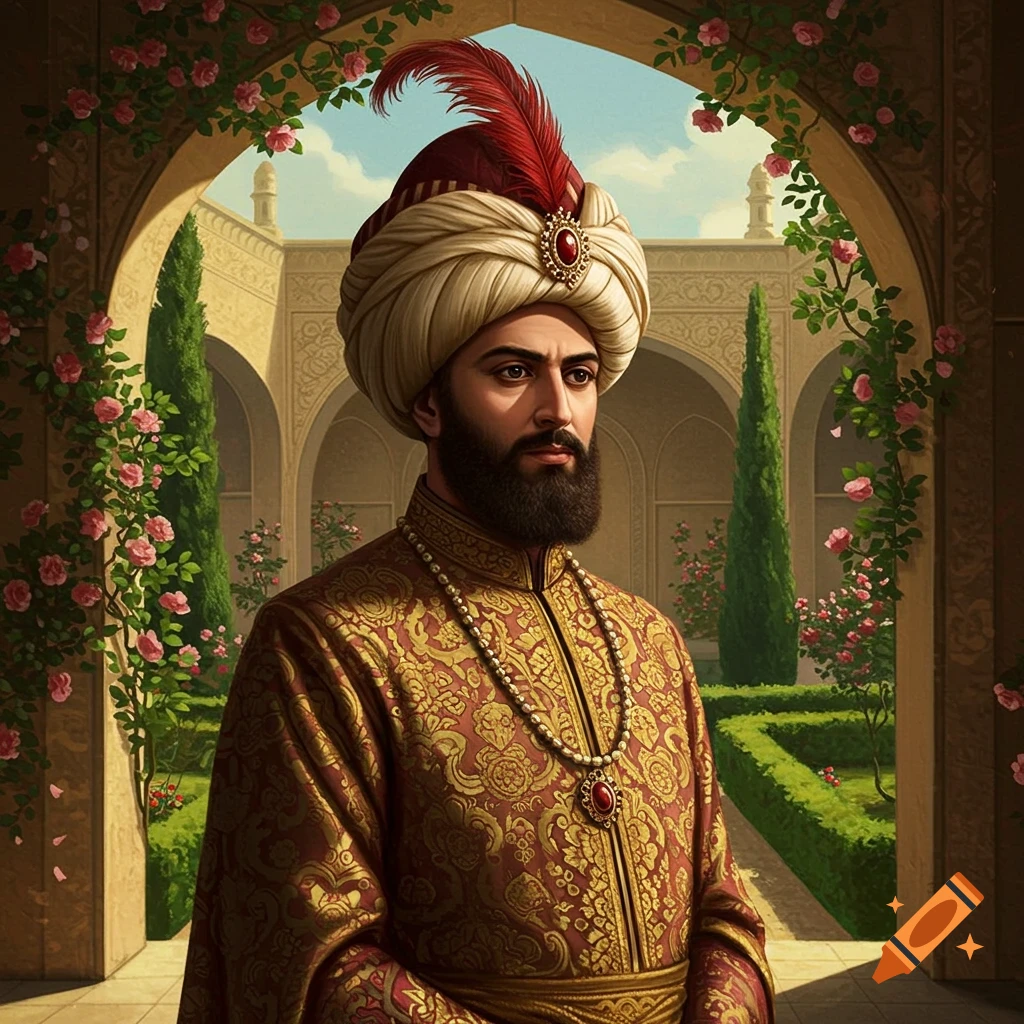 A bearded man in an ornate red and gold robe and cream turban with a ...