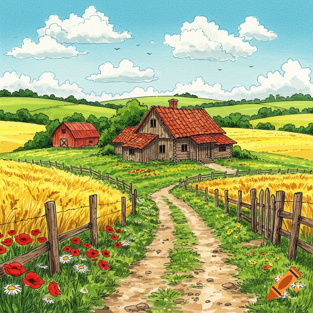 A vibrant drawing of a rural farmhouse and red barn on a sunny day ...