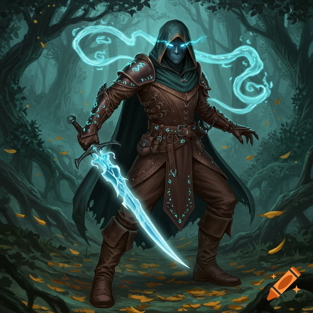 A dark-hooded rogue stands in a misty forest, wielding a glowing ...