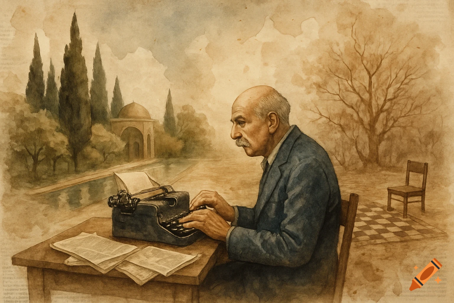 A bald elderly man with a mustache types on a black typewriter at a ...