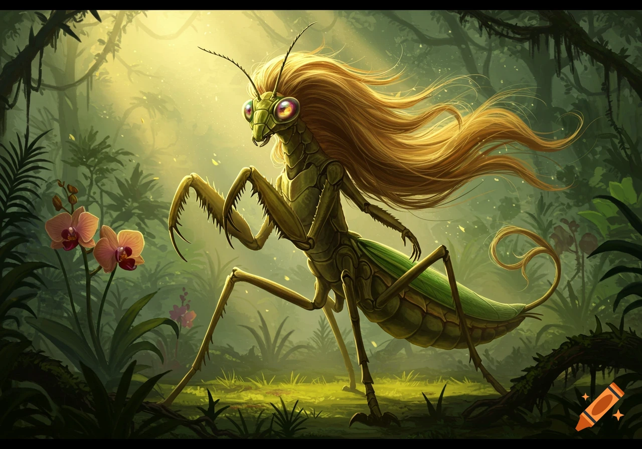 A fantastical mantis-like creature with a flowing golden lion's mane ...