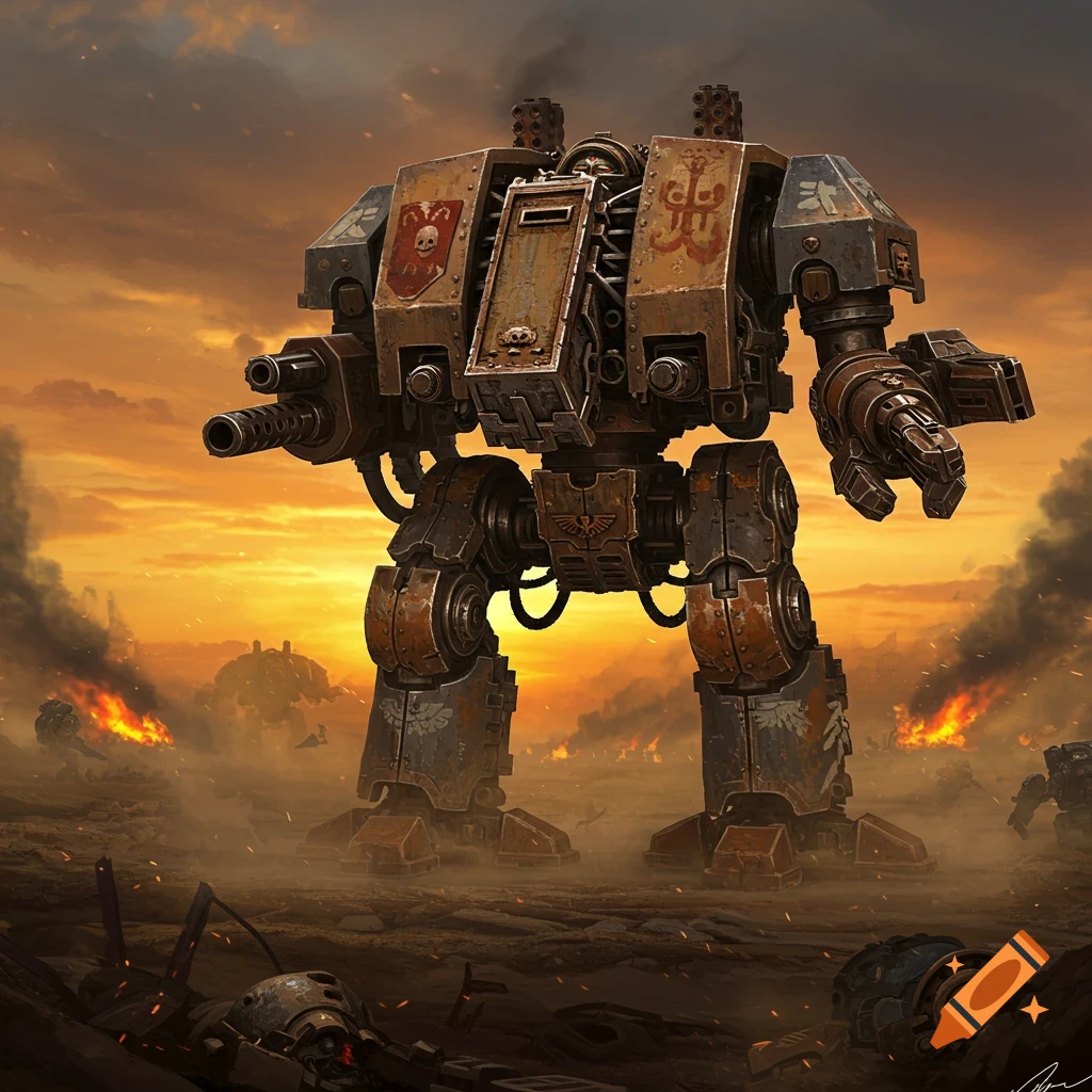 A heavily armored, rusty Warhammer 40k Dreadnought robot stands on a ...
