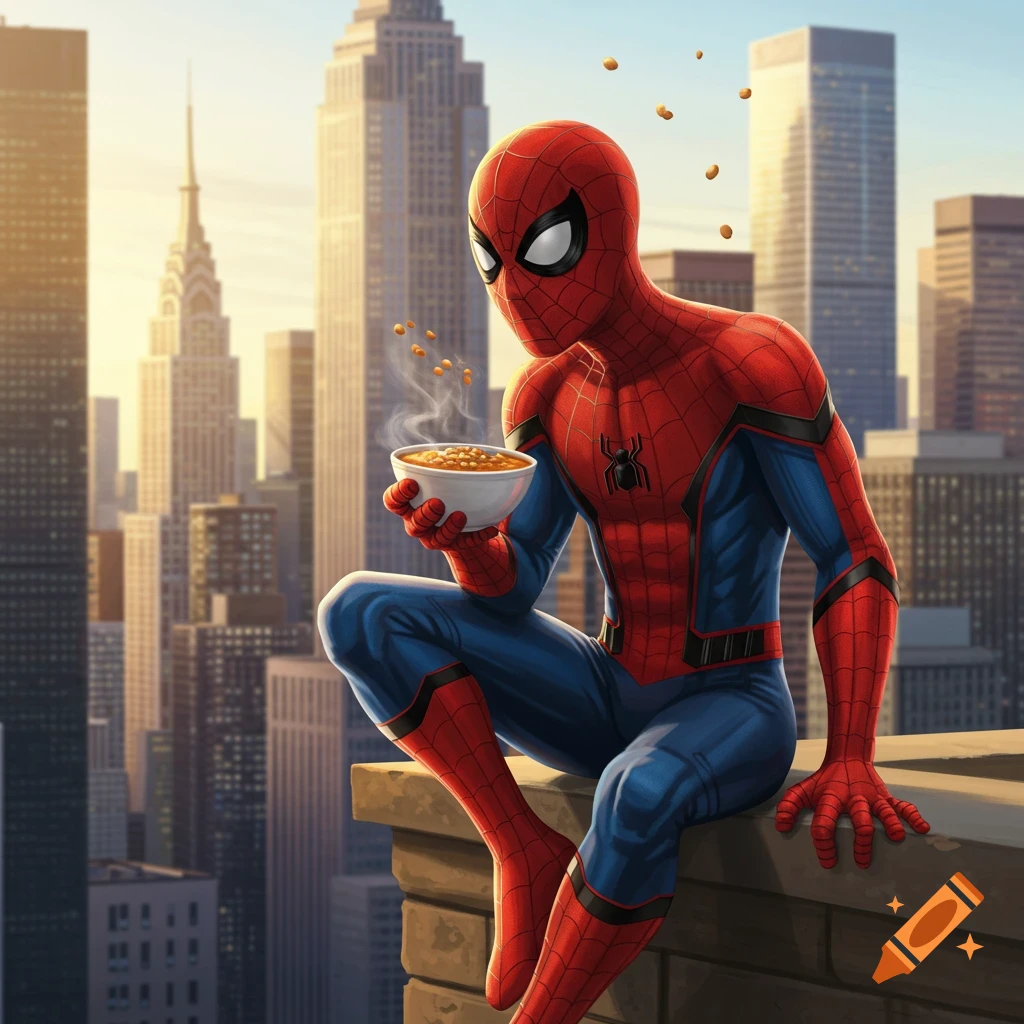 Deadpool holding katanas and Spider-Man crouching on a rooftop ...