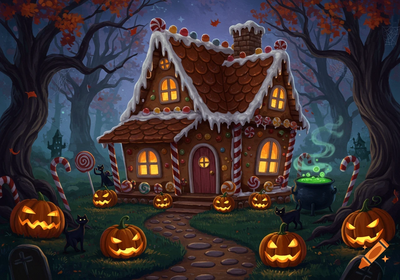 Illustration of a gingerbread house decorated for Halloween, surrounded ...
