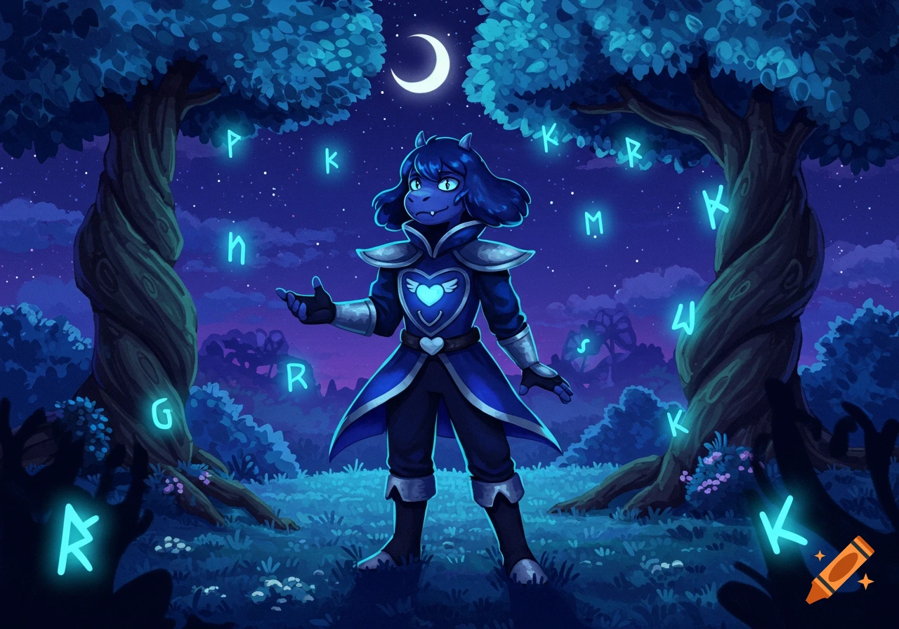 A blue horned character in a blue coat stands in a dark fantasy forest ...