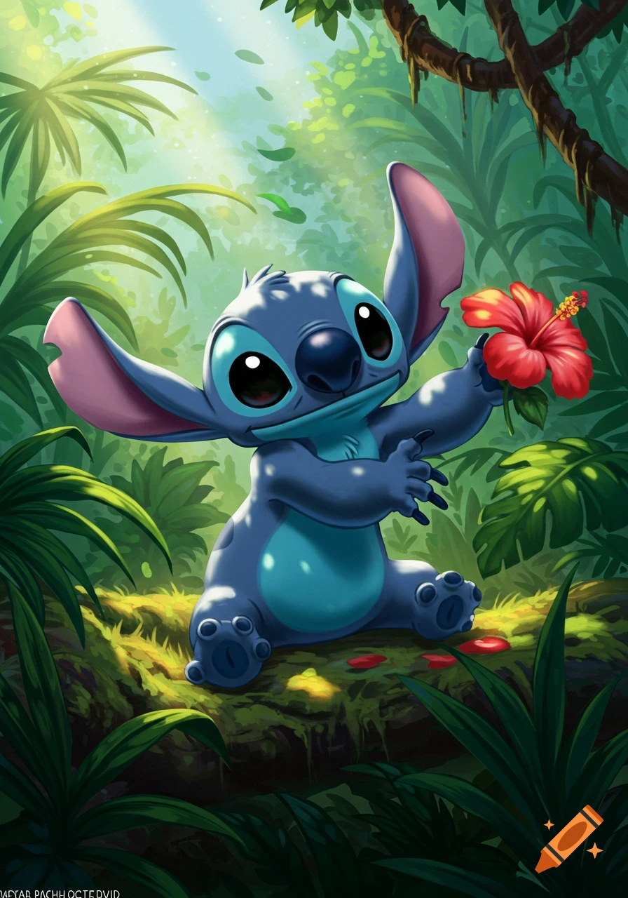 A blue alien character, Stitch, adorned with a flower lei and feathers ...