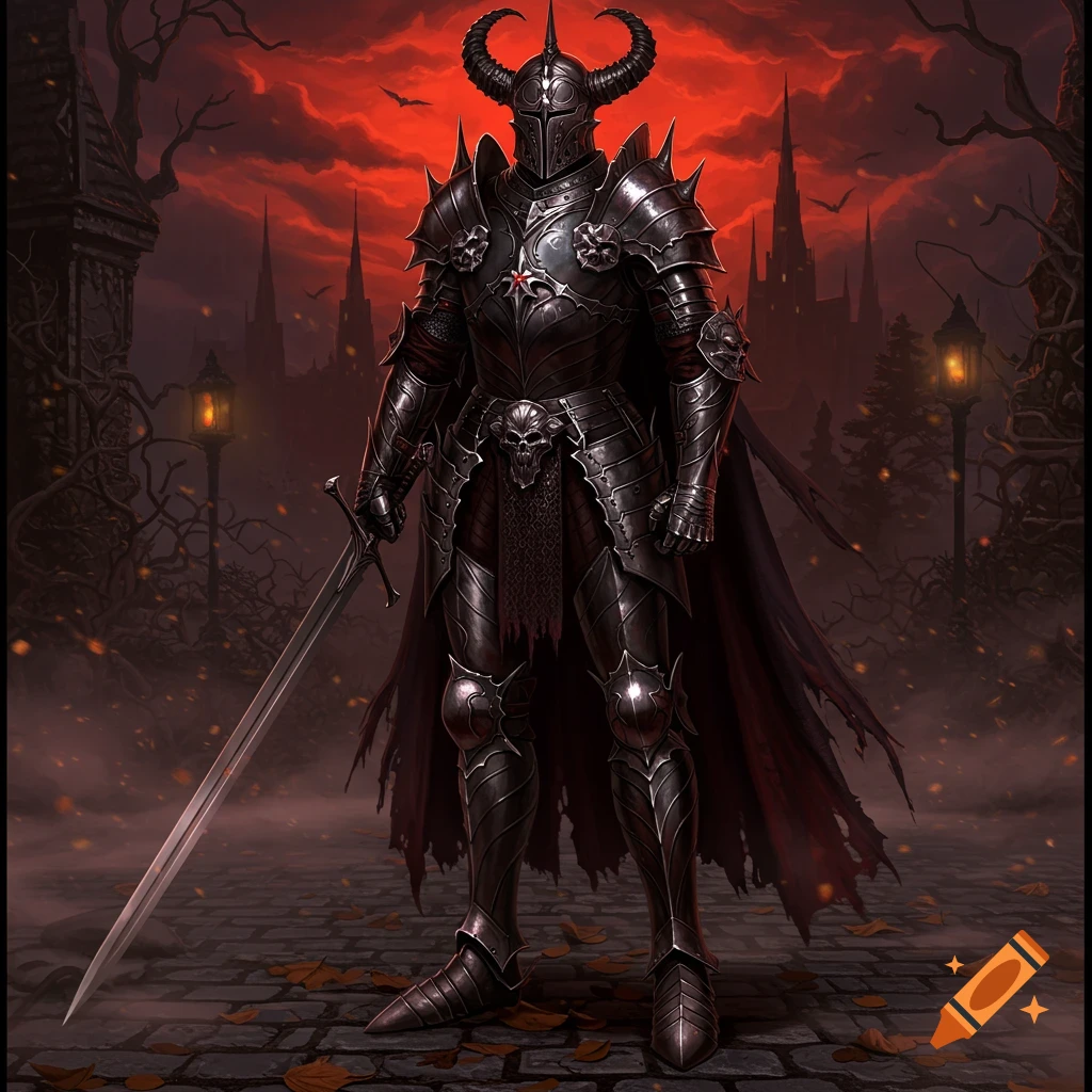 A dark knight in elaborate horned full plate armor stands in a gothic ...