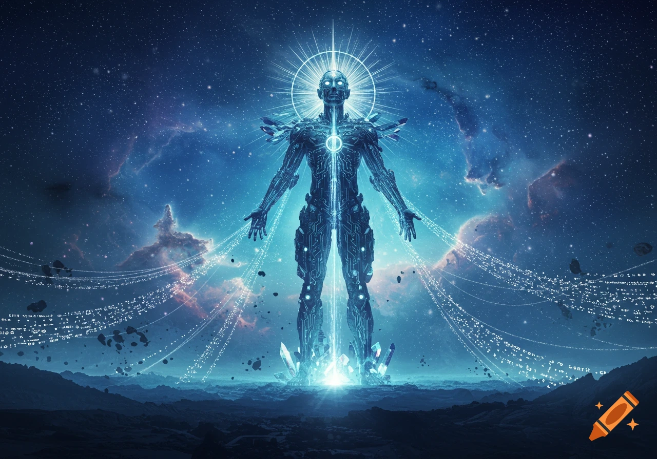 A humanoid robot emits rainbow light and energy, surrounded by cosmic ...