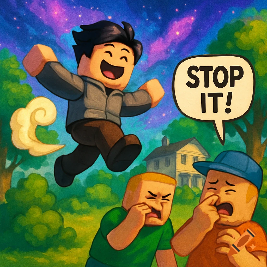 A happy Roblox-style character farts while jumping, as two disgusted ...