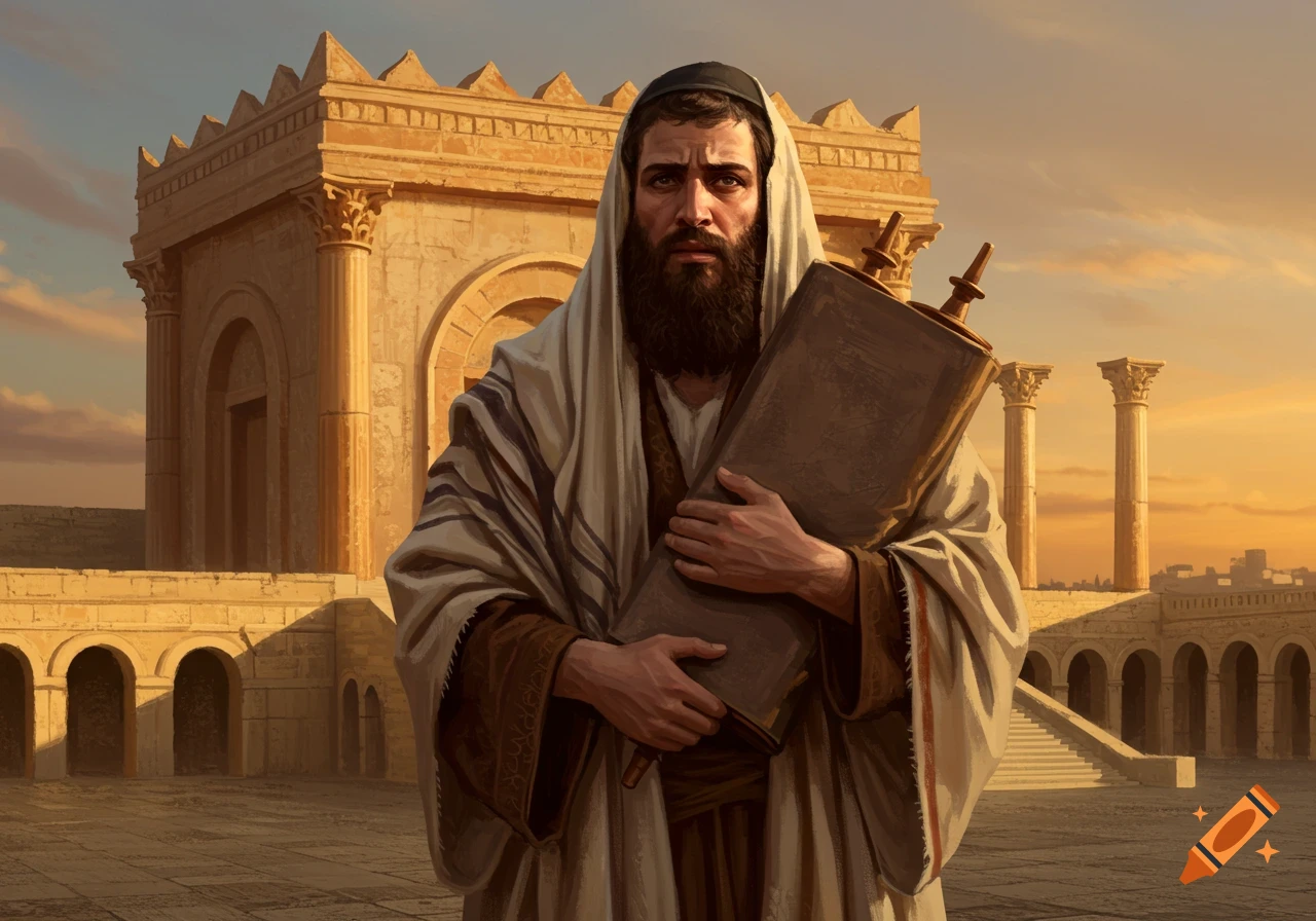 A serious, bearded Jewish man in traditional attire holding a Torah ...