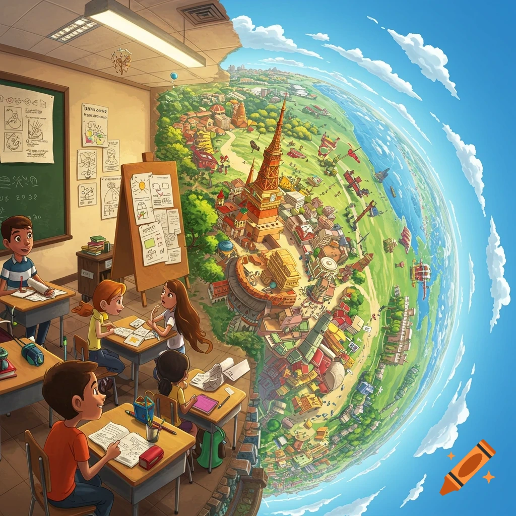 Animated classroom with students learning blends into a globe showing ...