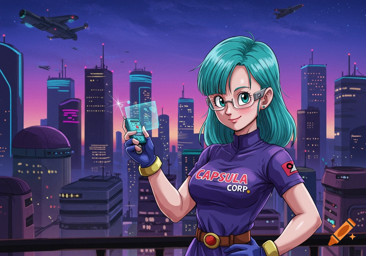 Bulma from Dragon Ball in a purple Capsule Corp uniform holds a ...