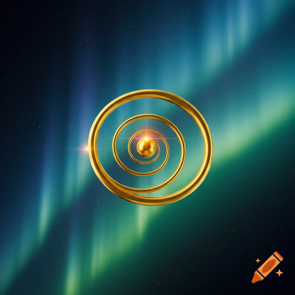 Golden concentric spiral rings with a glowing sphere at the center, set ...