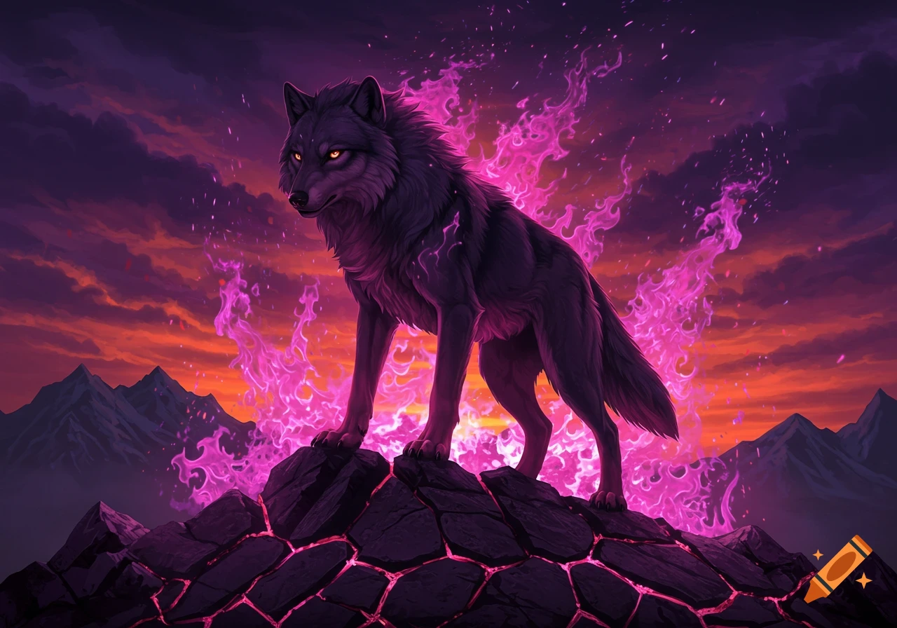 A stylized black dire wolf with glowing orange eyes stands on a rocky ...