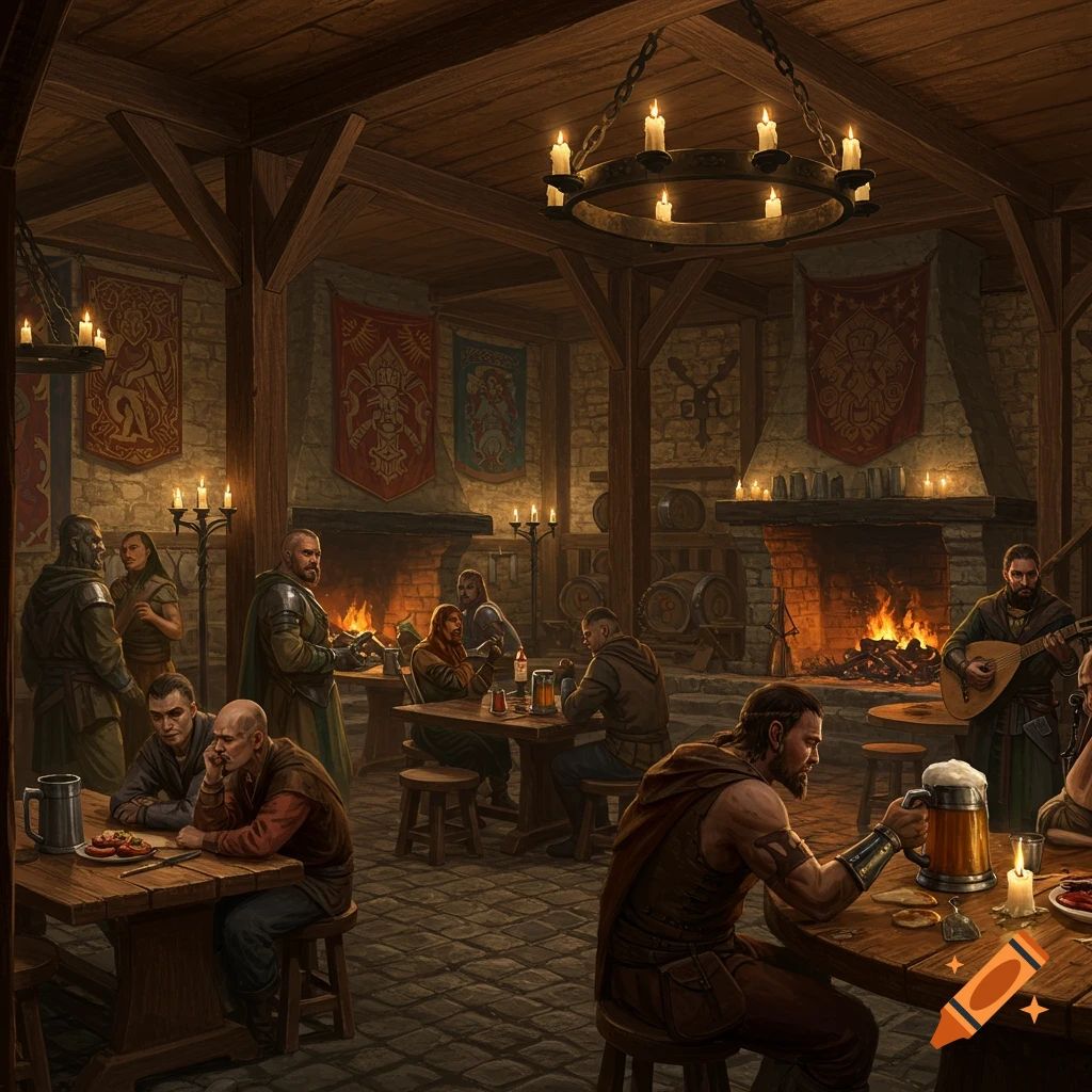 A dimly lit, bustling medieval fantasy tavern with patrons drinking ...
