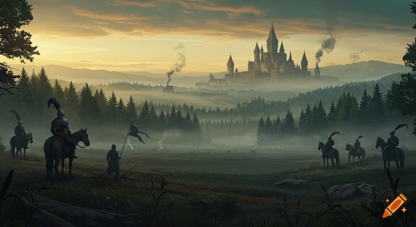 A majestic medieval castle with a drawbridge over a misty moat at ...