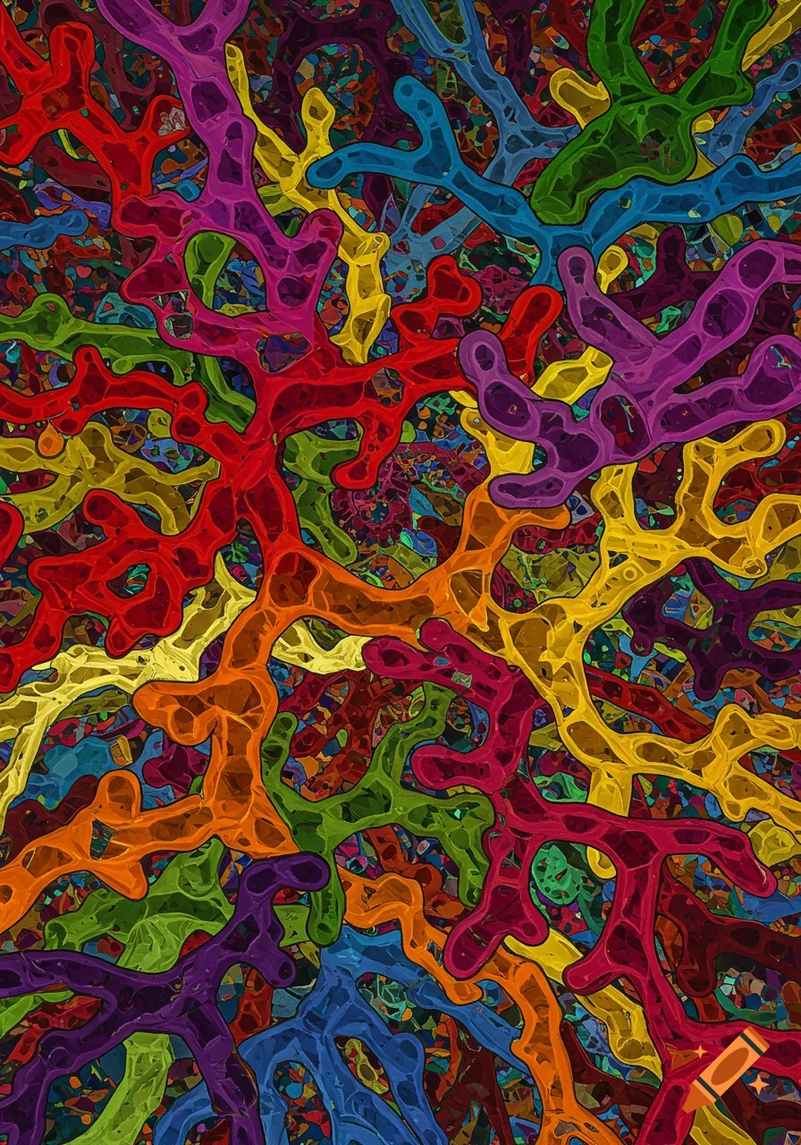 Abstract art with a complex arrangement of colorful, interconnected ...