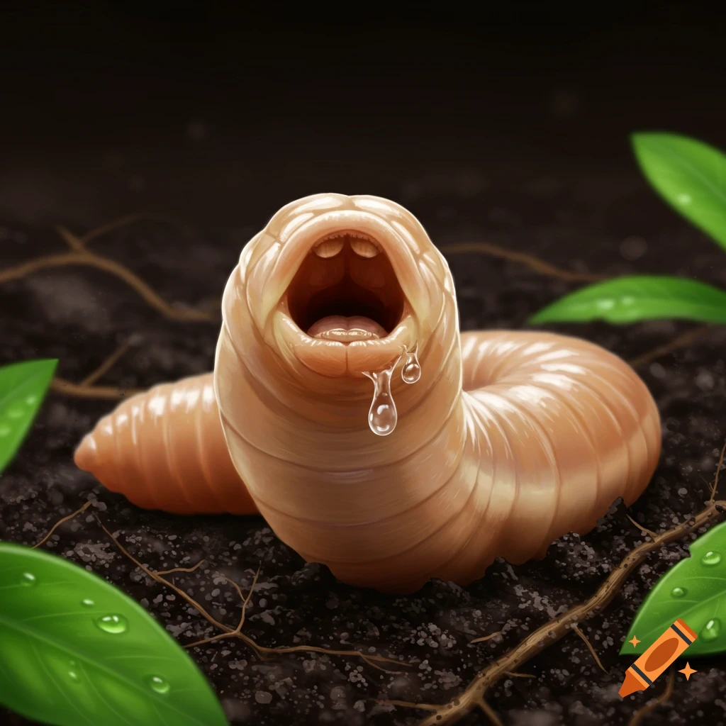A stylized, light brown worm with its mouth wide open, showing small ...