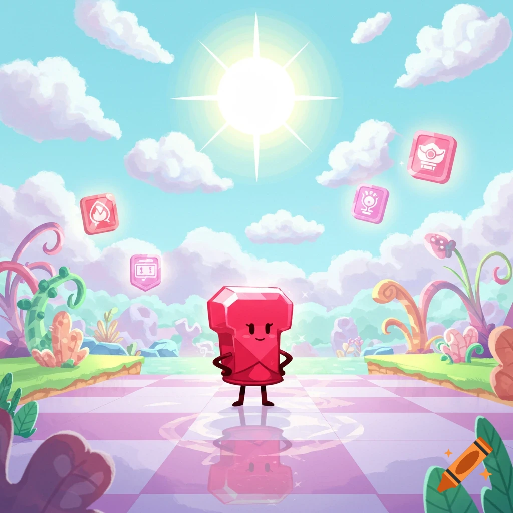 A red gem character with a smiling face stands on a checkered path in a ...
