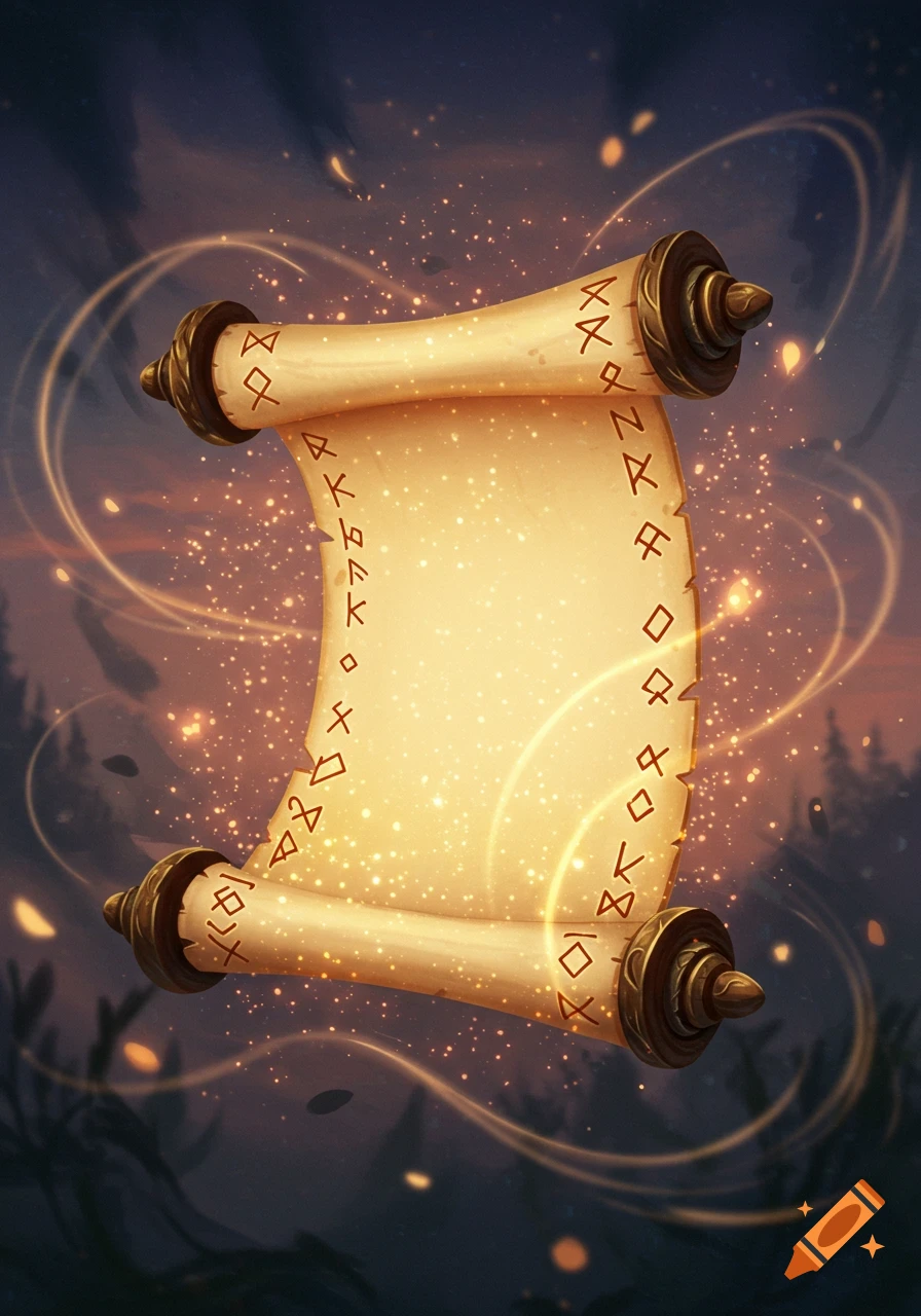 An ancient parchment scroll with glowing blue alien script floats in a ...