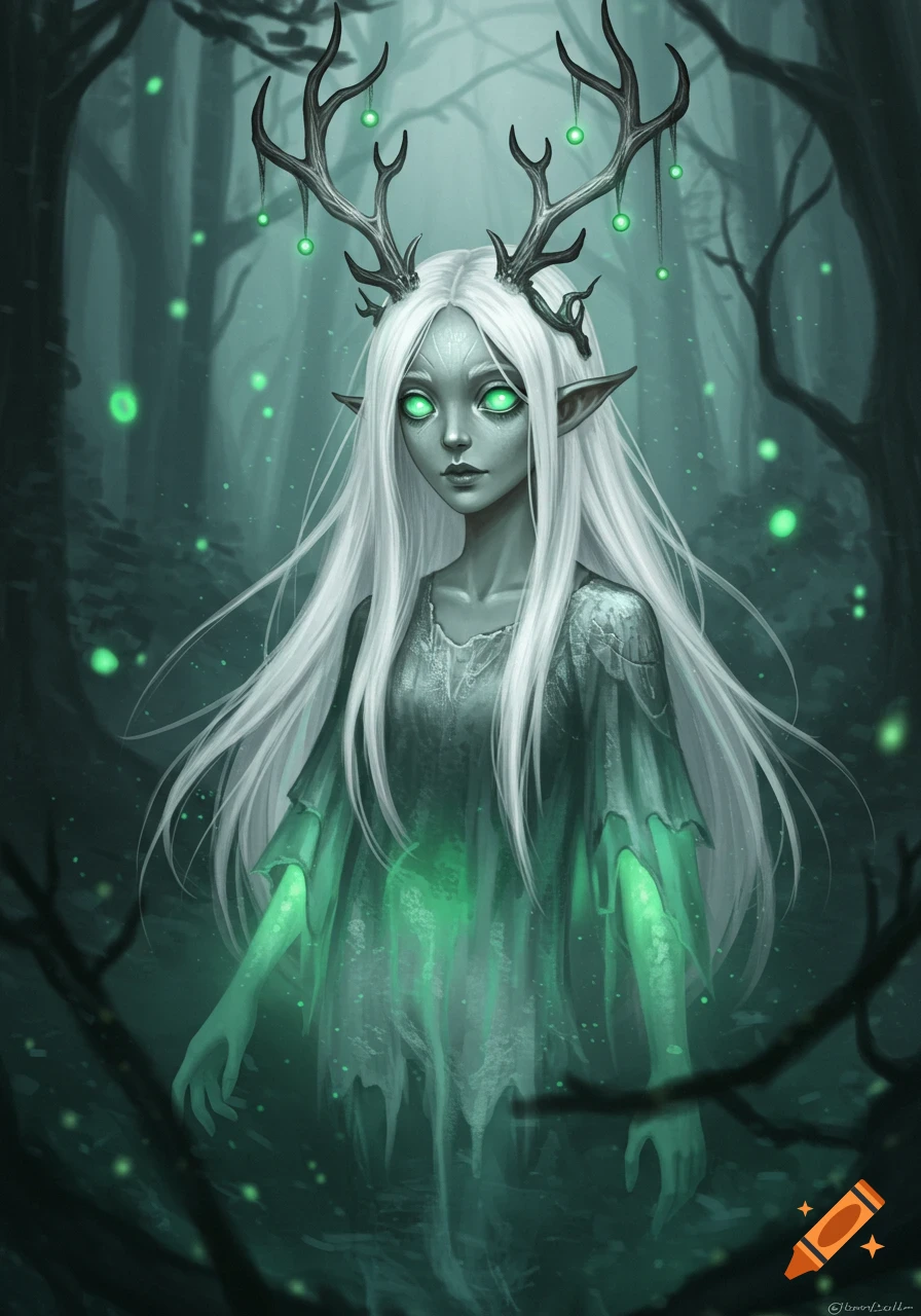 Fantasy art of a ghost girl with white hair, glowing green eyes and ...