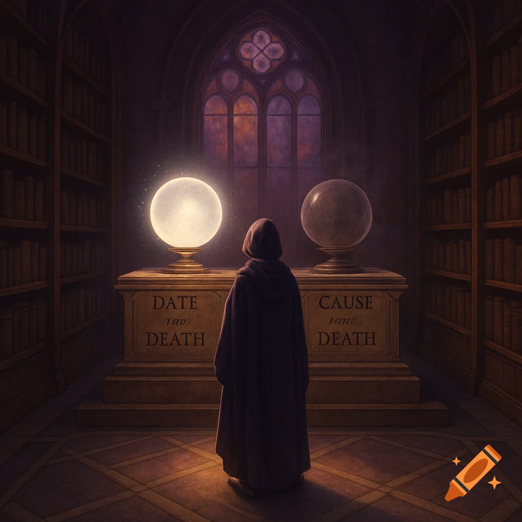 A hooded figure stands in a dimly lit gothic library, facing two ...
