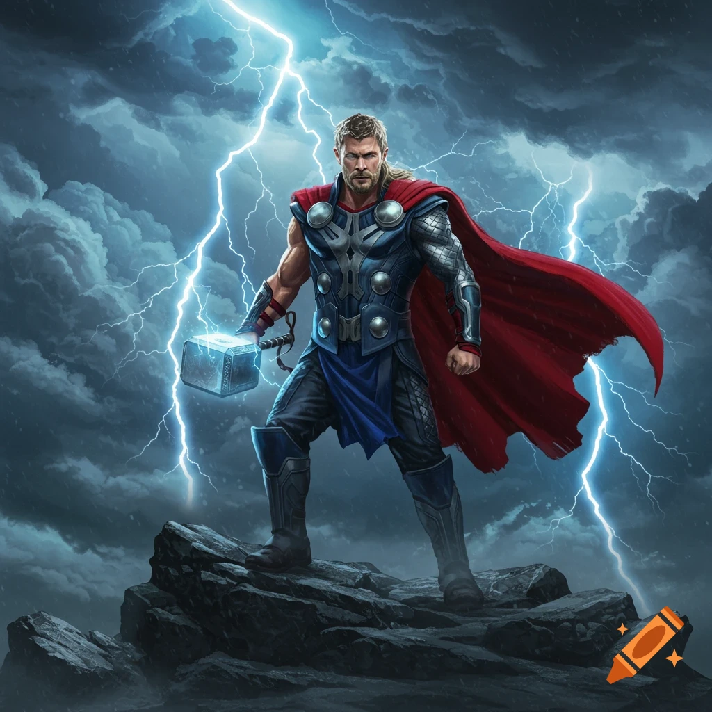 Thor stands on a rocky peak, holding Mjolnir, as lightning strikes around him in a stormy sky ...