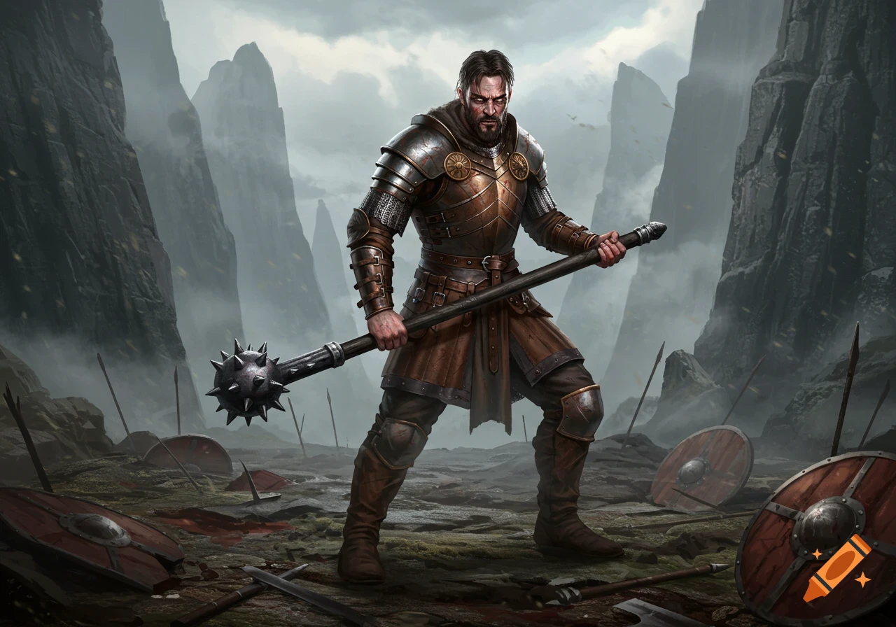 A fierce warrior in ornate armor holds a mace on a misty, rocky ...