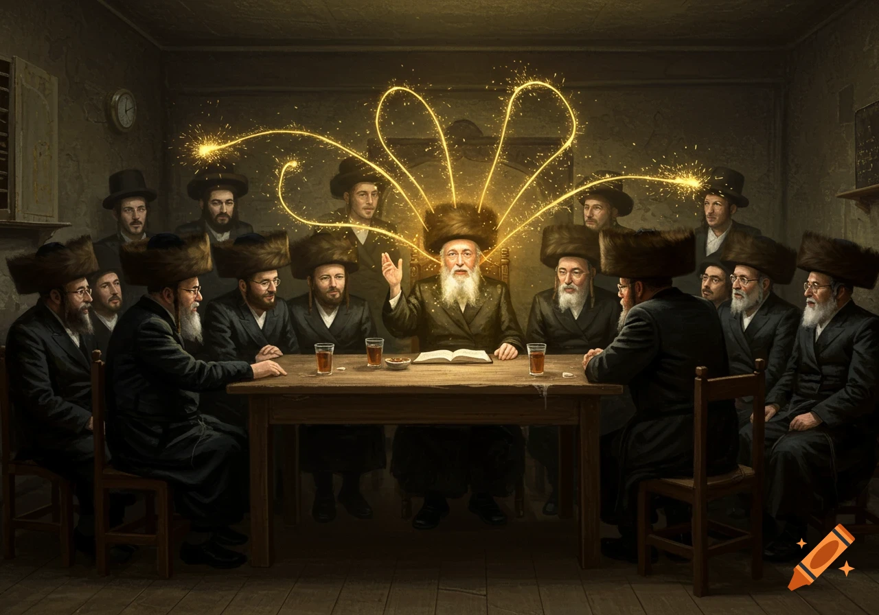 A Chassidic rebbe sits at a table with chassidim in a dark room, with ...