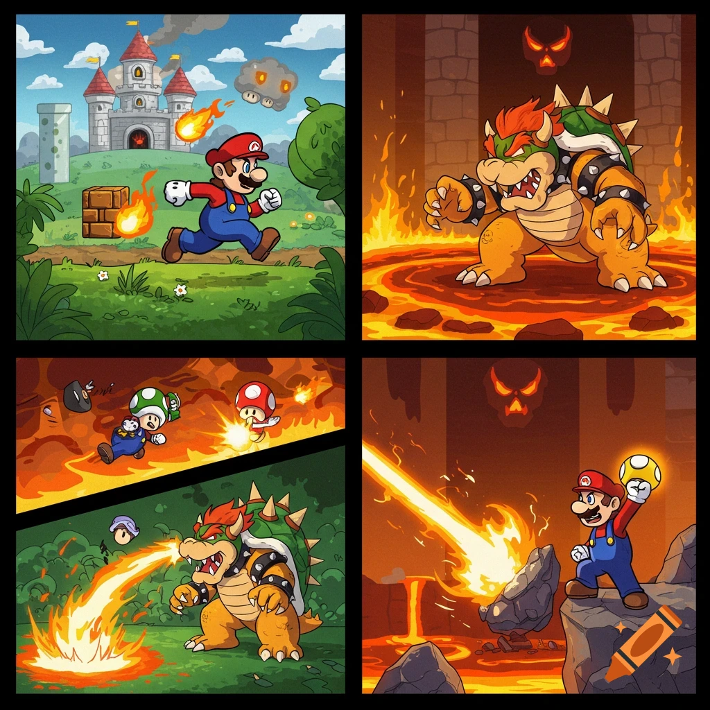 A four-panel comic strip where Mario laughs at Wario. A buff character ...