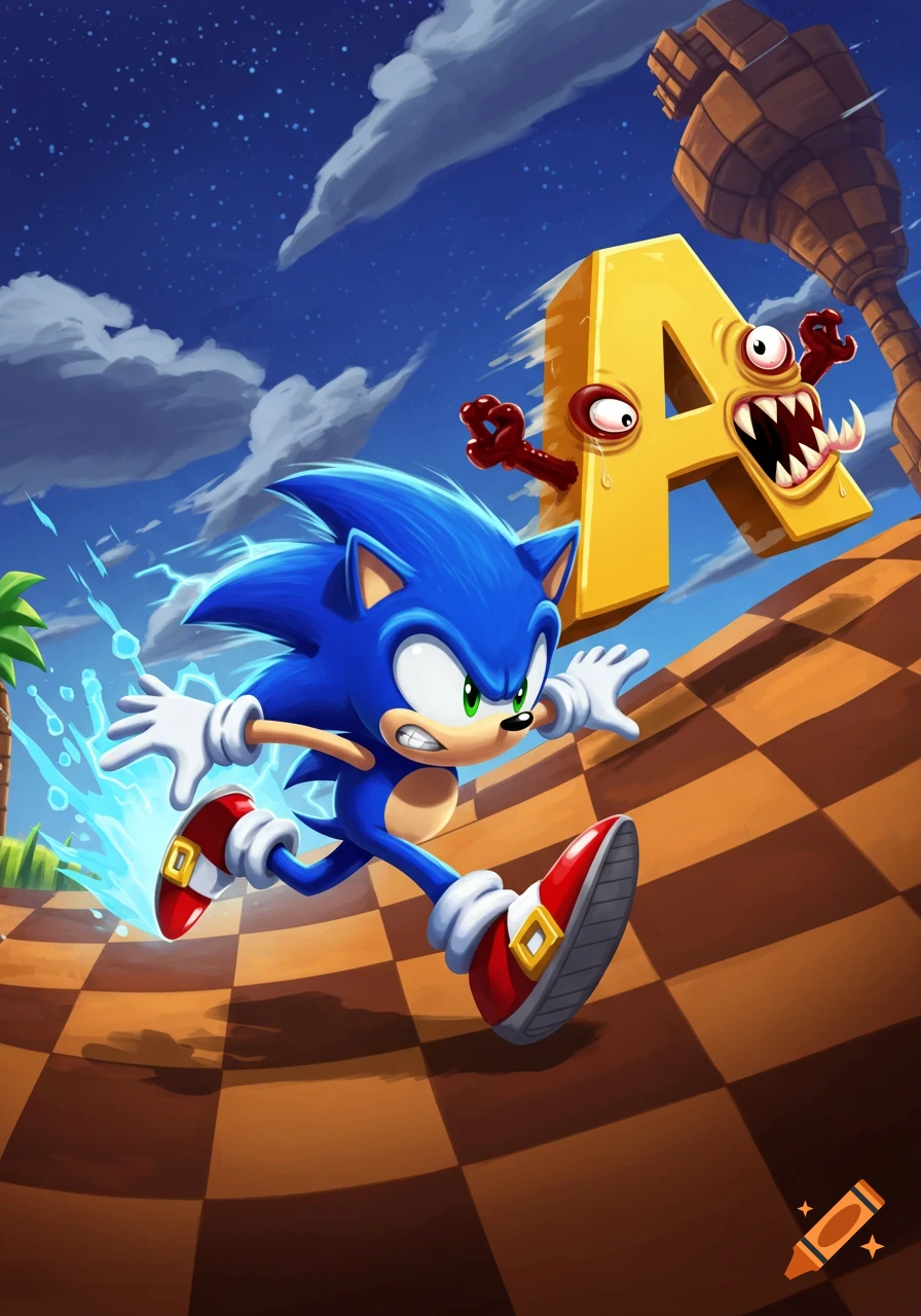 Cartoon Sonic the Hedgehog runs frantically on a checkered path, chased ...