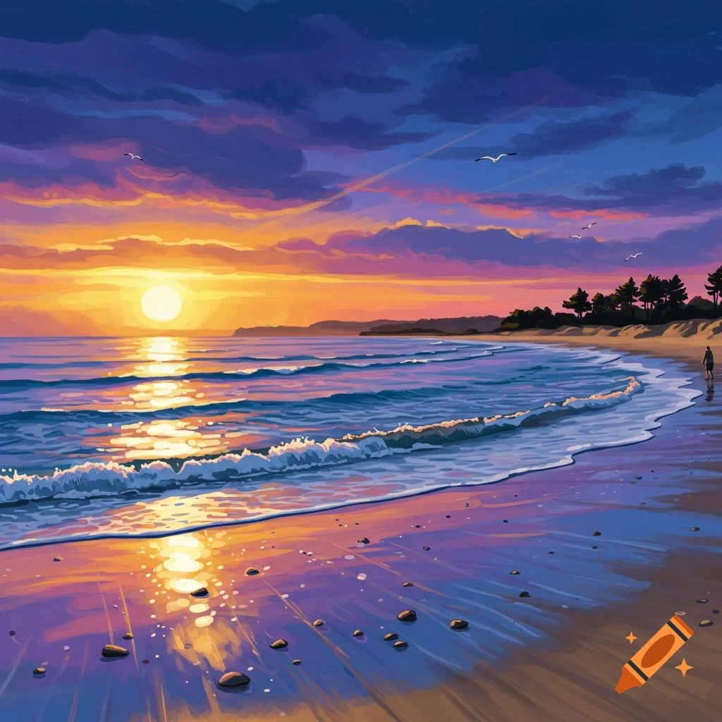 Stylized painting of a vibrant sunset over a beach, with waves crashing ...