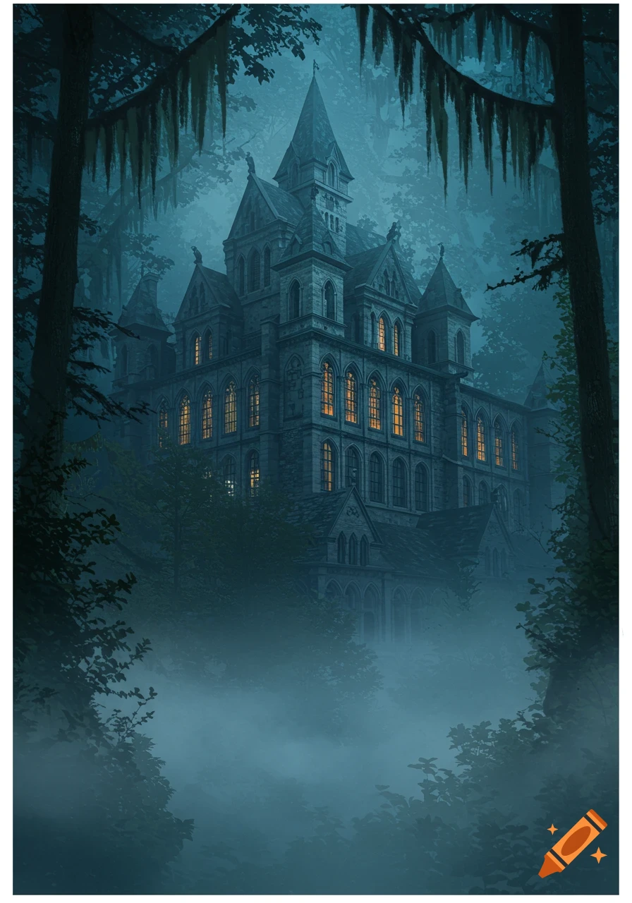 A mysterious gothic stone castle with glowing windows stands in a misty ...