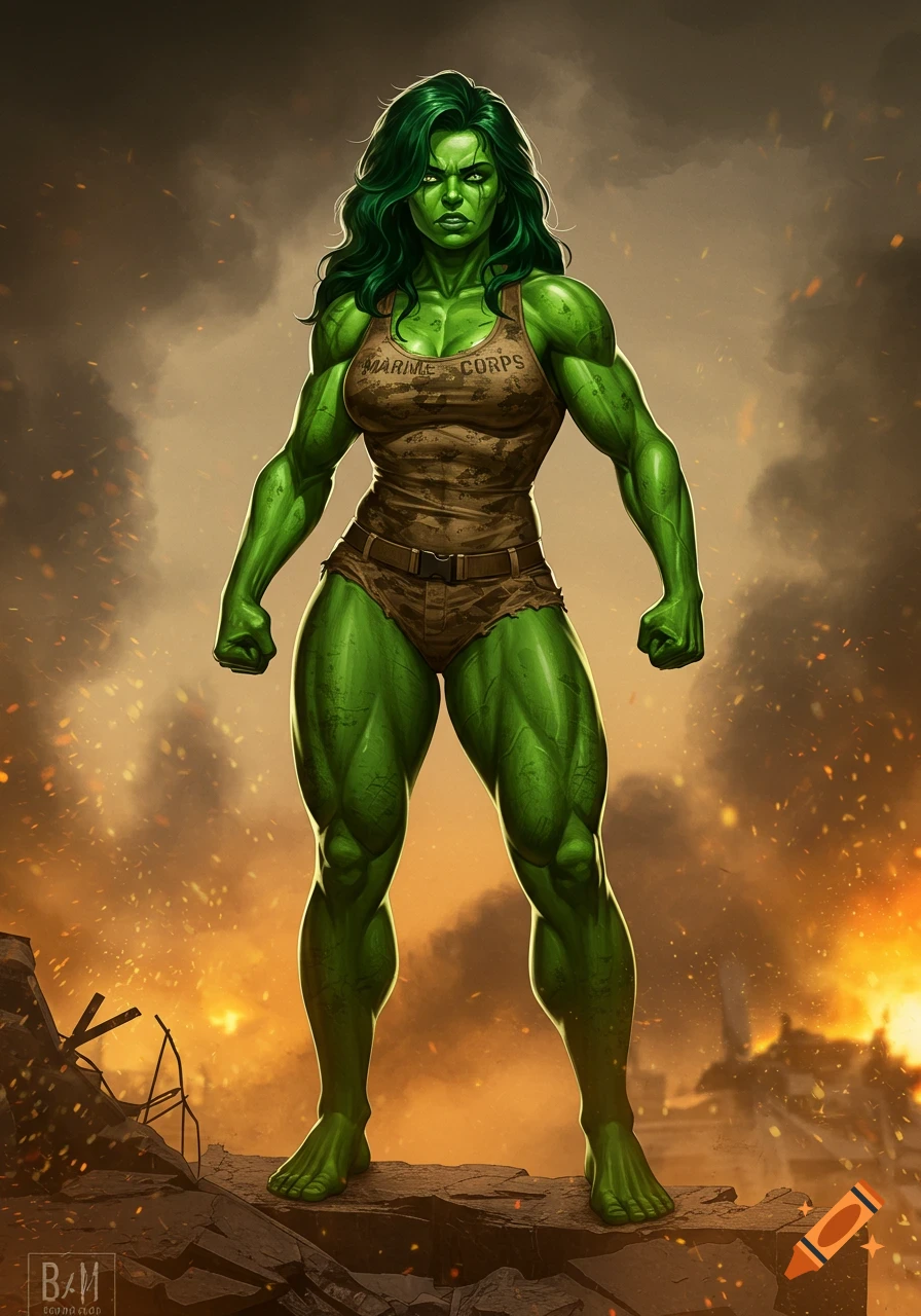 Powerful green She-Hulk stands on a cliff overlooking a city skyline ...