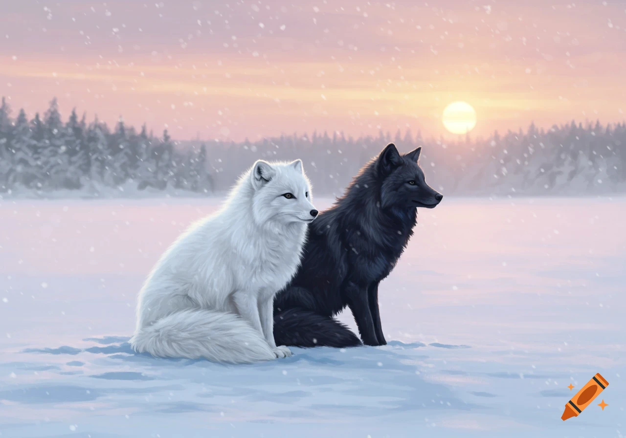 A white arctic fox and a black coyote sit in a snowy winter landscape ...