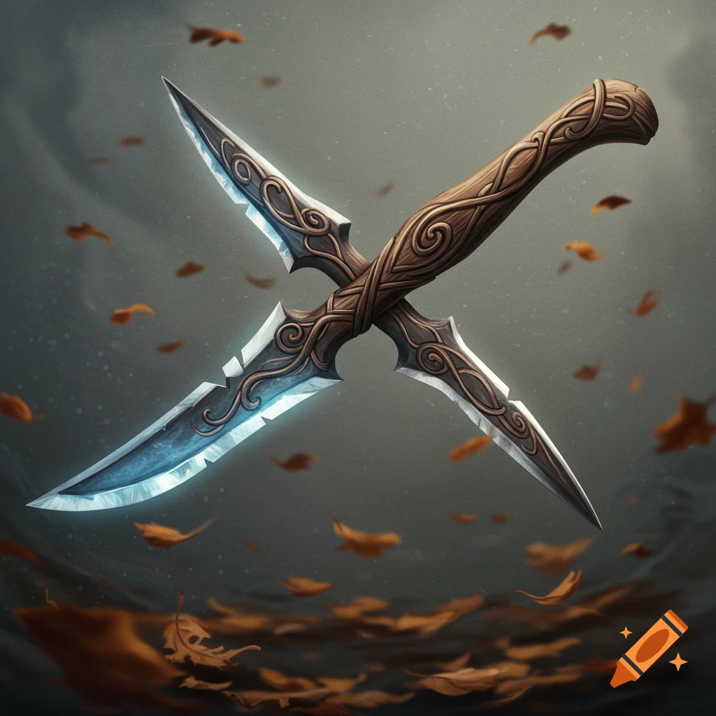 Two ornately carved fantasy daggers with glowing blue blades crossed ...