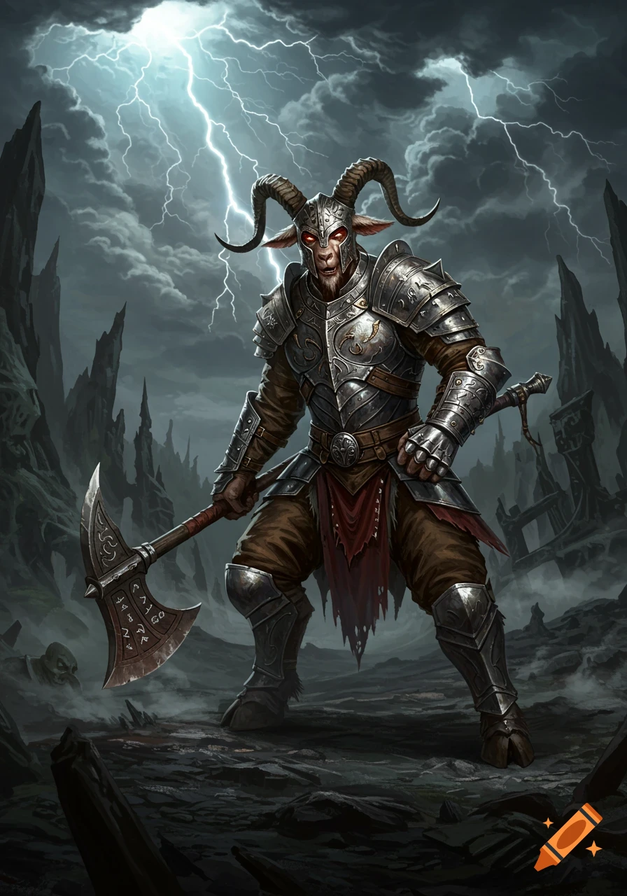 A heavily armored goat-man warrior with glowing red eyes stands in a ...