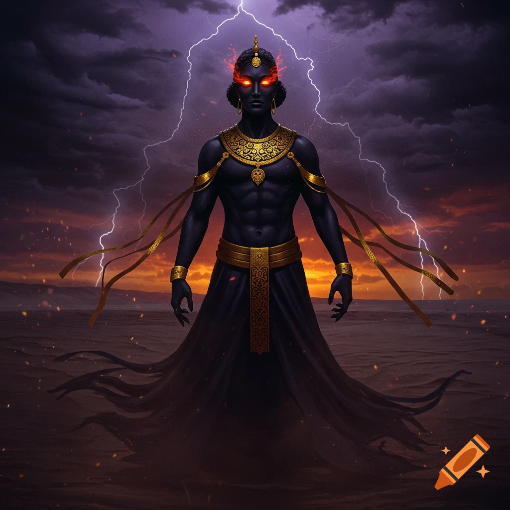 A silver-armored Egyptian god-like figure with a lightning halo stands ...