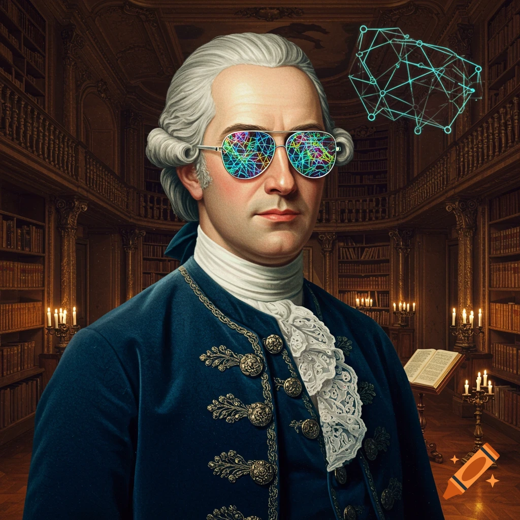 Portrait of Mozart in a red coat and wig, wearing aviator sunglasses ...