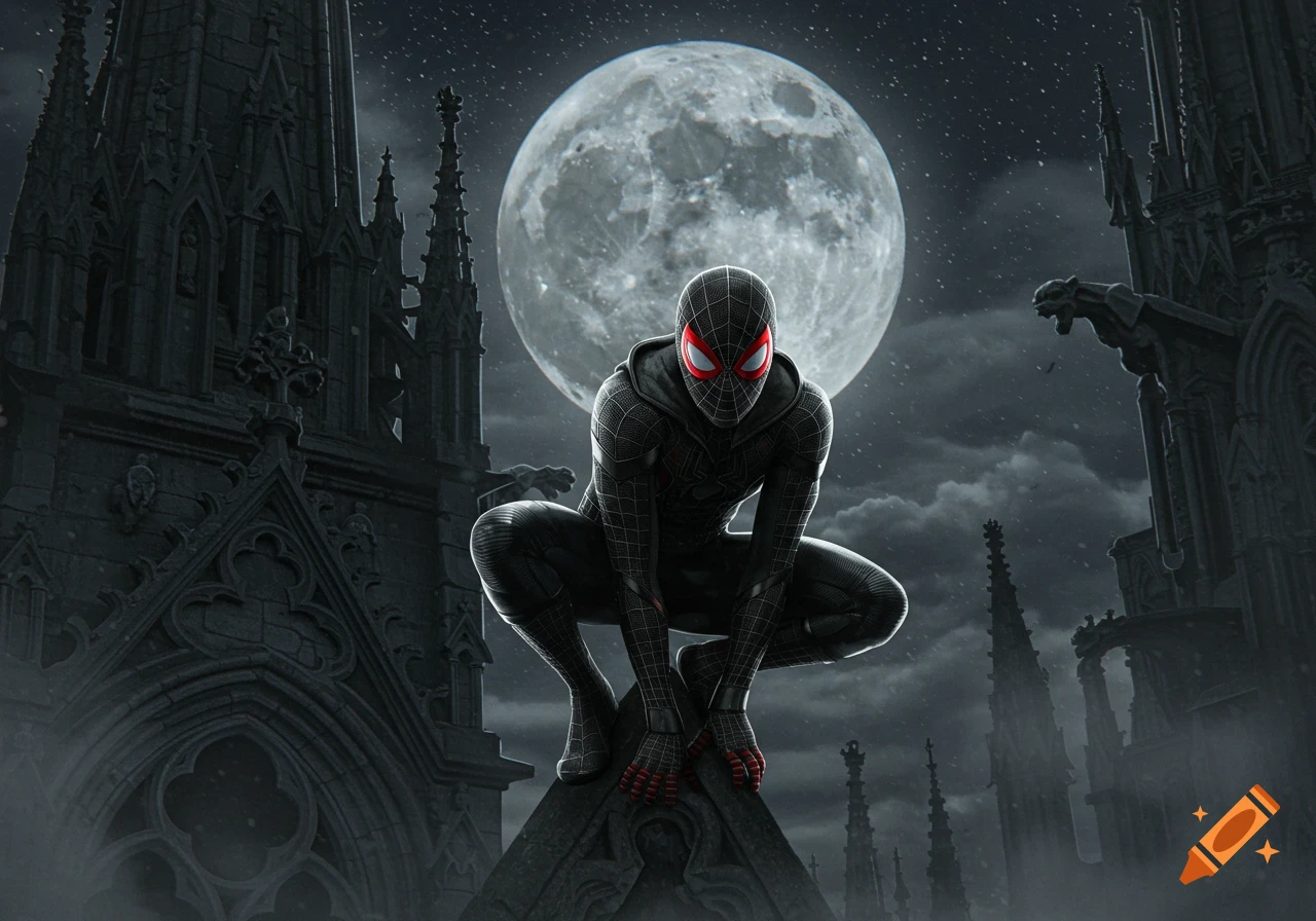 Miles Morales Spider-Man in a black and grey suit with red glowing eyes ...