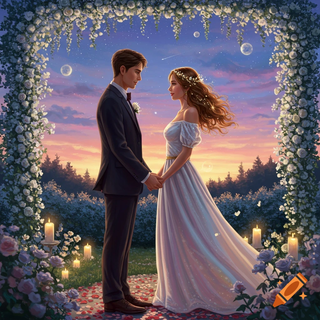 An illustrated bride and groom stand in a lush green meadow filled with ...