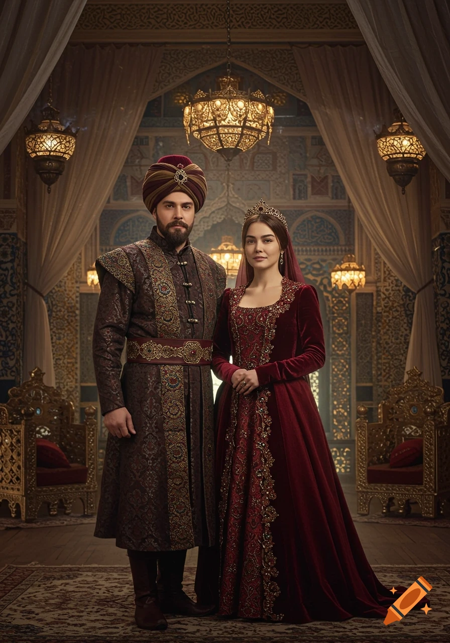 A man and a woman in ornate historical Turkish royal attire stand in a ...